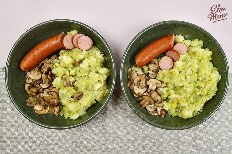 Prei stamppot met rookworst en champignons